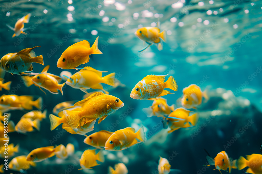 Bunch of Electric yellow cichlids in the sea, African cichlids (Malawi ...