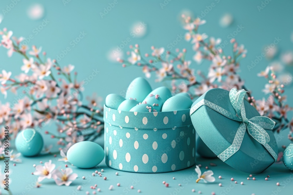 Easter concept. Blue gift box with ribbon bows easter eggs mimosa ...