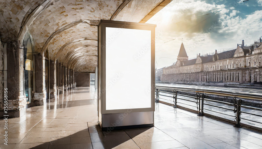Blank white digital billboard black frame light box in subway station ...
