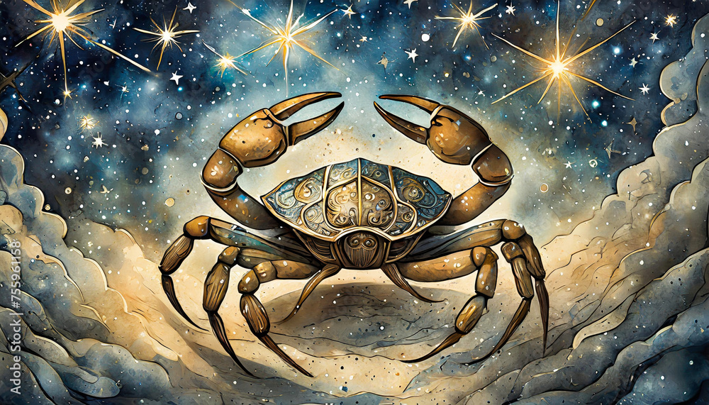 zodiac cancer crab on a background of an old paper texture with the ...