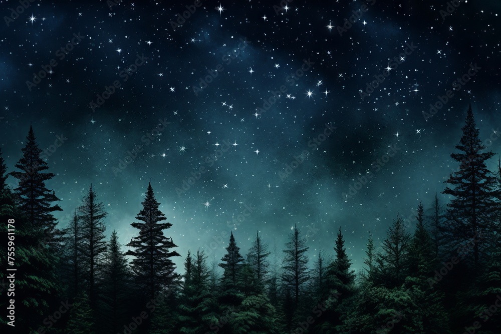 Evergreen tree silhouettes against a starry night sky Stock ...
