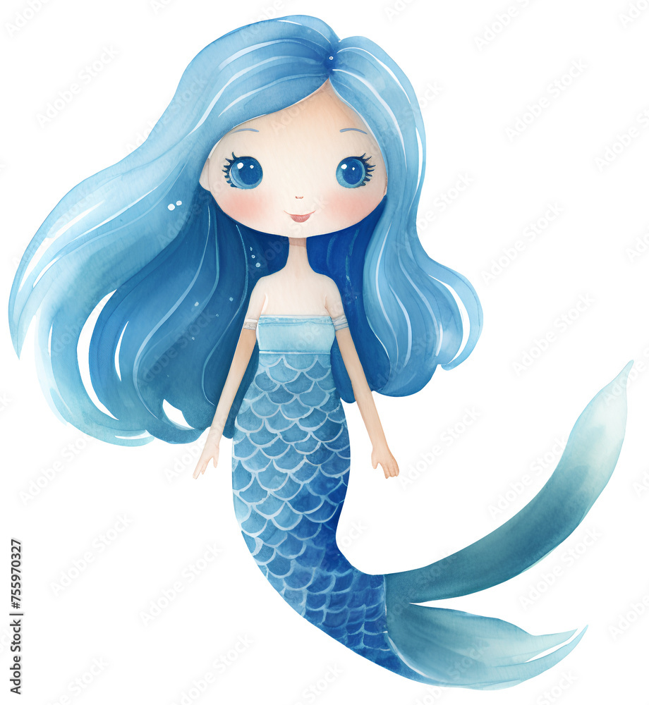 Watercolor illustration of a cute cartoon mermaid. Naive simple ...
