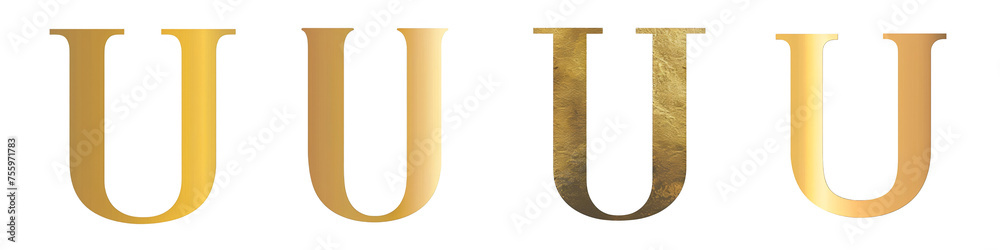 Gleaming Gold color lettering, alphabet, logotype, letter U isolated on ...