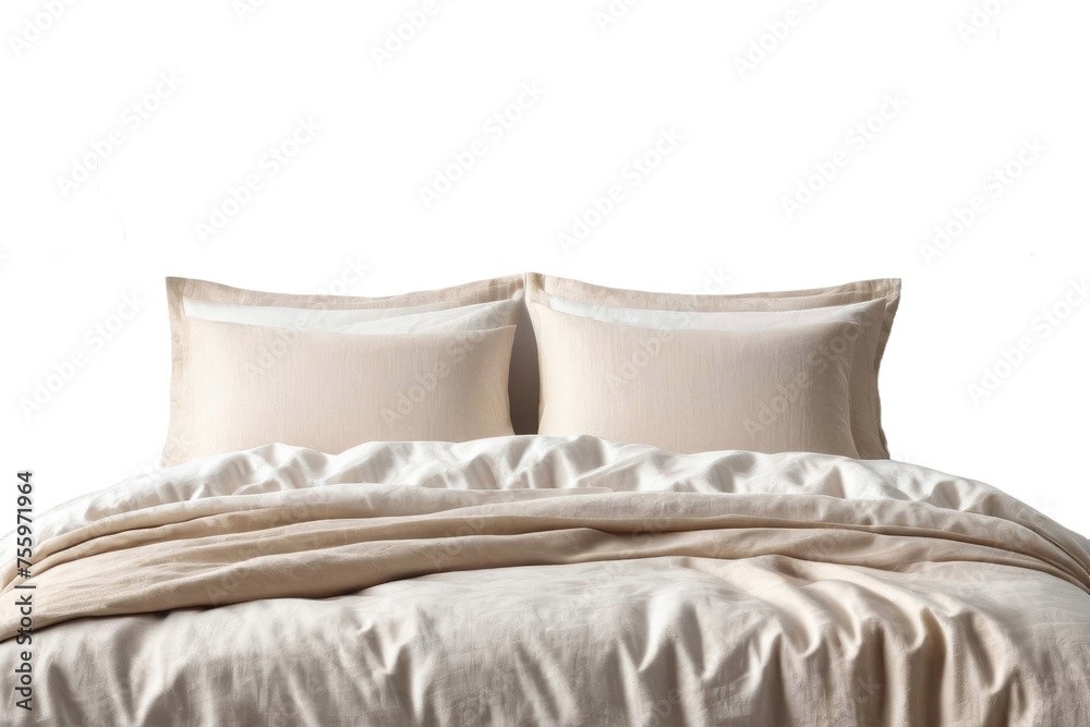 Full-size bed with beige linens, sharply isolated on an infinite white ...