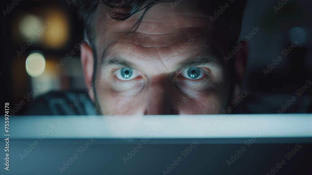 Caucasian man with face lit by a laptop screen looking up with half his ...