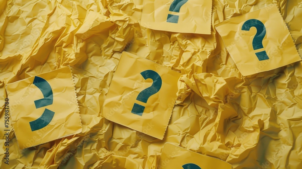 Stack of yellow paper with question marks, suitable for business or ...