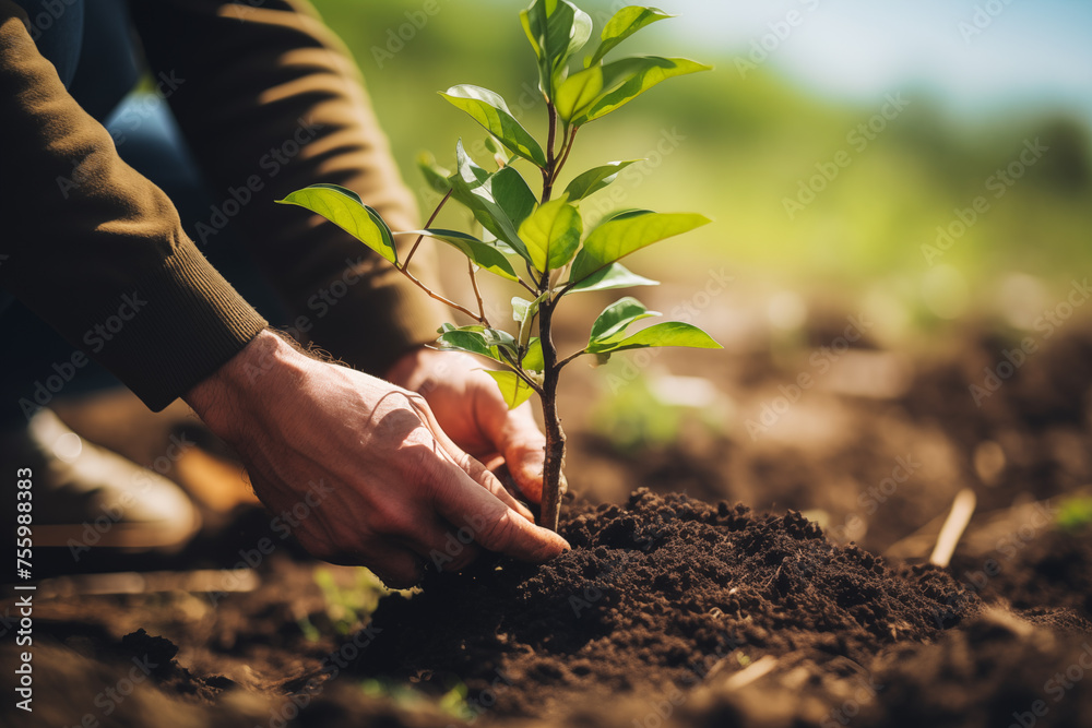 Close up of person planting a new tree in the soil in reforestation ...