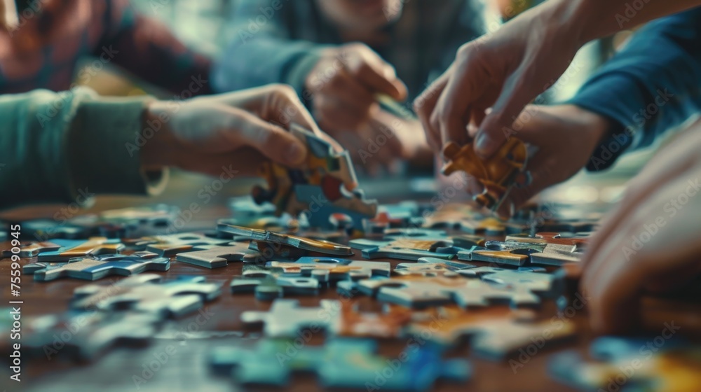 Group of people collaborating on a puzzle. Ideal for team building ...