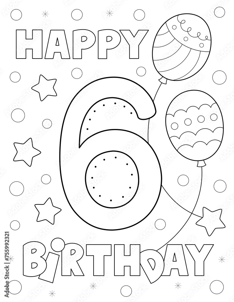 happy 6 birthday coloring page. fun design with big number six ...