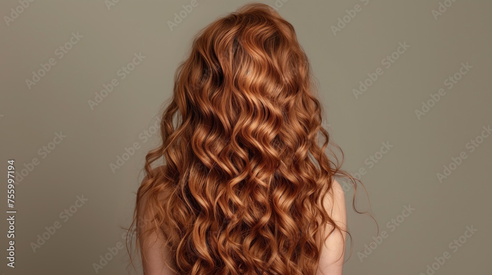 Portrait of a beautiful girl with luxurious curly long hair. Back view ...