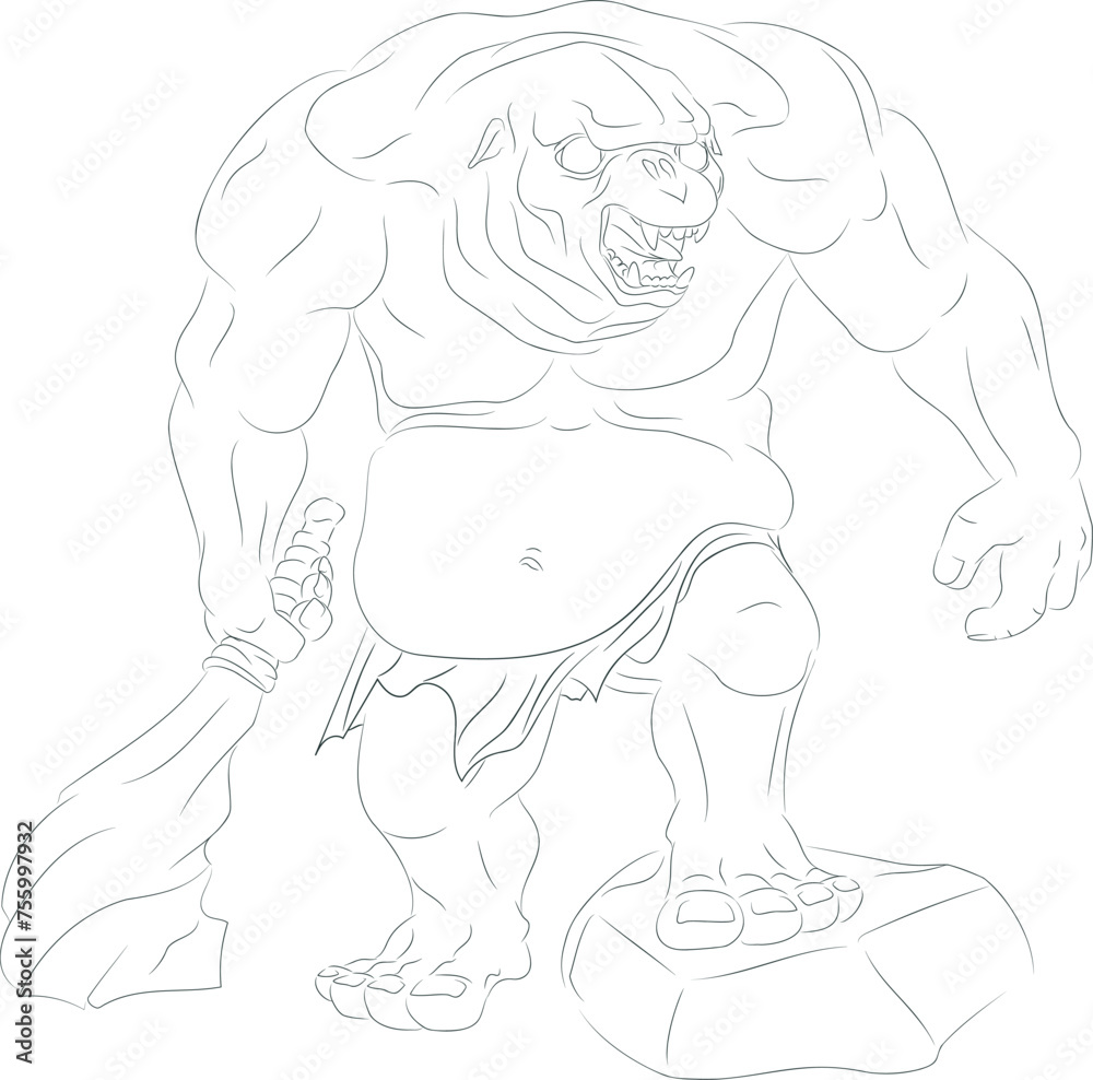 Line art of cave troll with stone thick stick. Vector illustration of ...