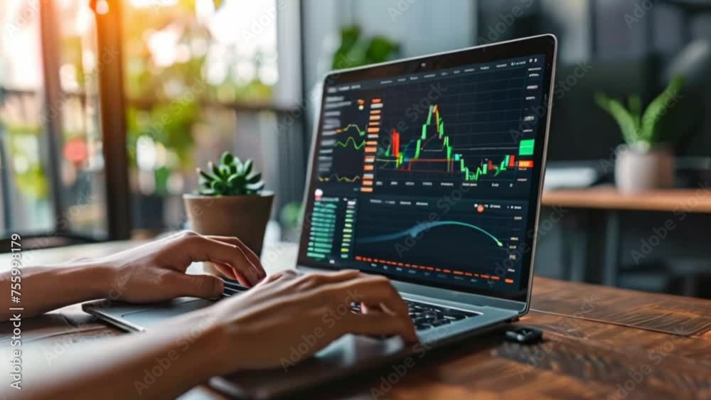 business laptop with stock market chart and trading data on monitor in ...