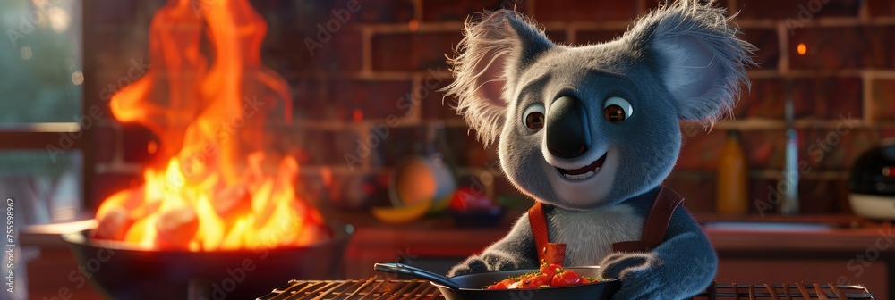 Koala enjoying a cozy barbecue by the fire, representing leisure ...