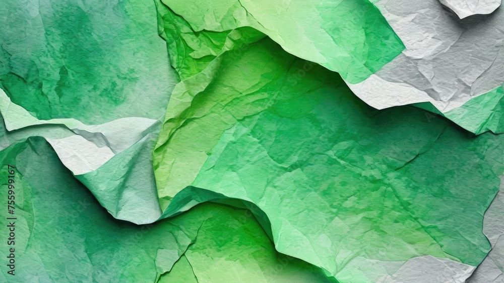 Crumpled paper texture overlaid with aquarelle paint in shades of green ...