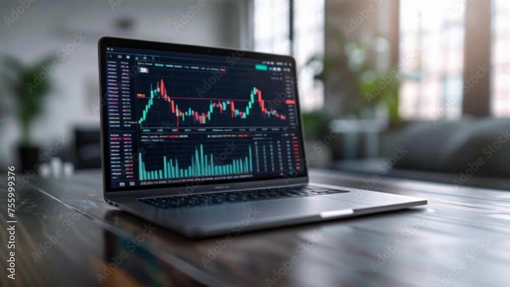 laptop with stock market chart and trading data in corporate office ...