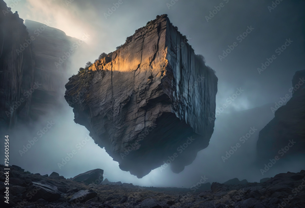 In a barren rocky landscape, a lone colossal boulder stands as a silent ...