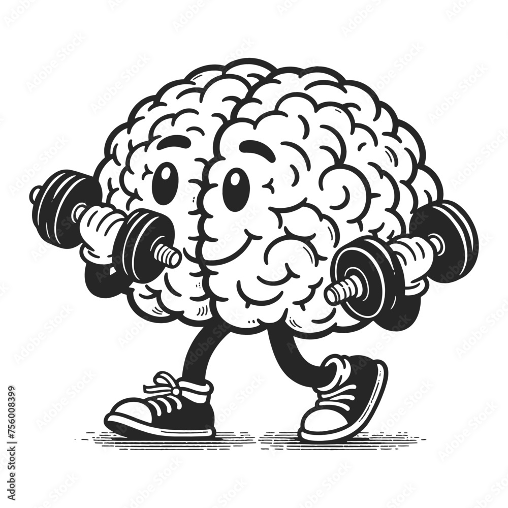 human brain character lifting dumbbells, symbolizing mental strength ...