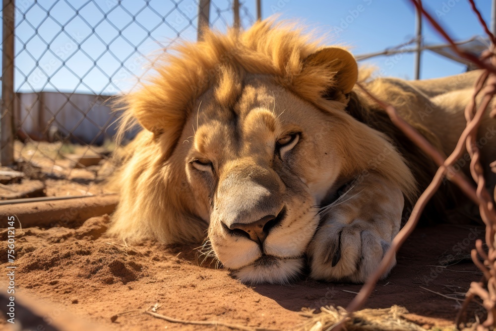 Majestic Lion locked in cage. Lonely lion in captivity behind a fence ...