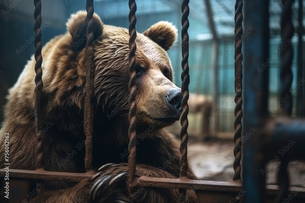 Sad brown bear behind bars, depicting wildlife in captivity. Concept of ...