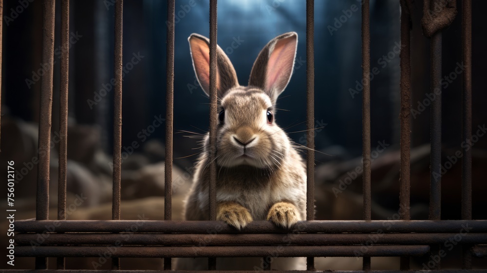 Bunny locked in cage. Lonely rabbit in captivity behind a fence with ...