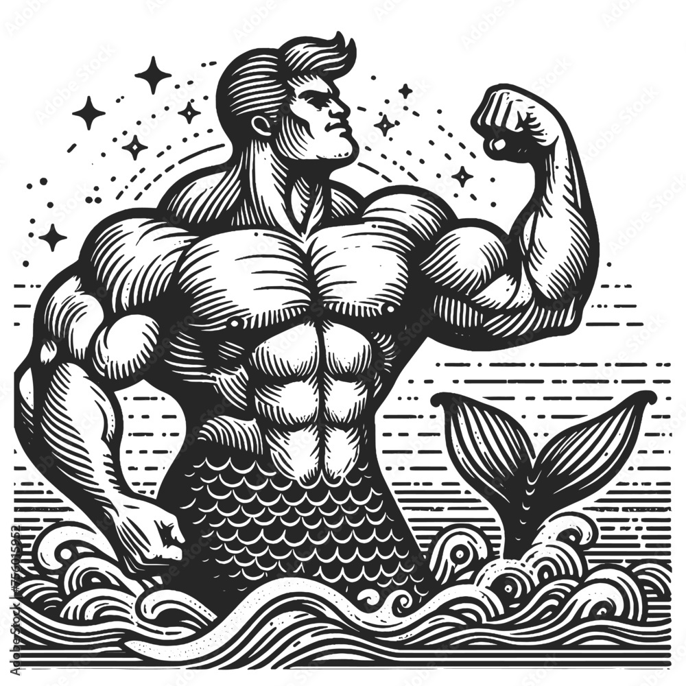 Strongman muscular merman athlete with muscular merman flexing his ...