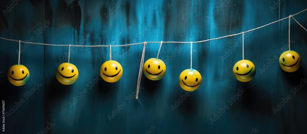 A string of yellow smiley faces hanging from a string. These cheerful ...