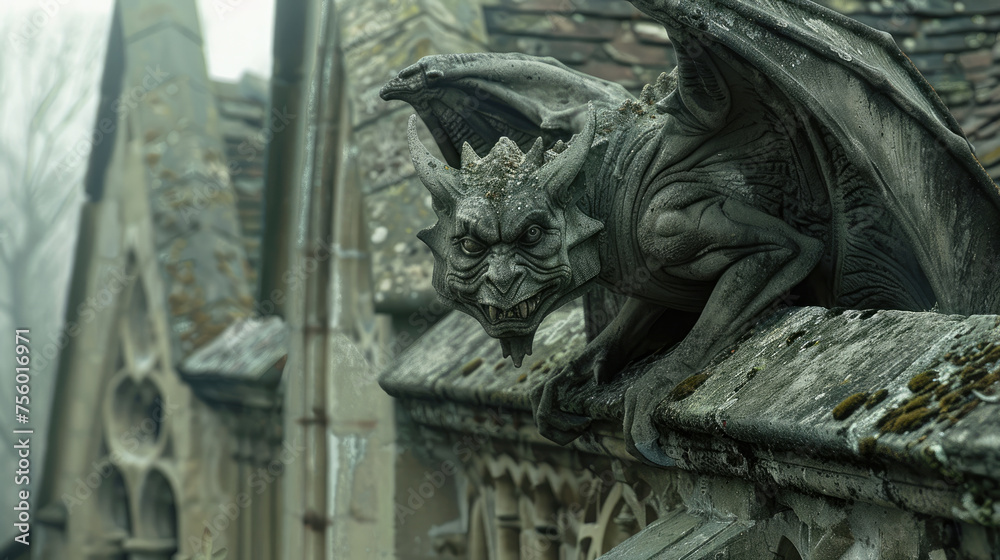 Gargoyle on Gothic cathedral roof, old monster statue close-up. Vintage ...