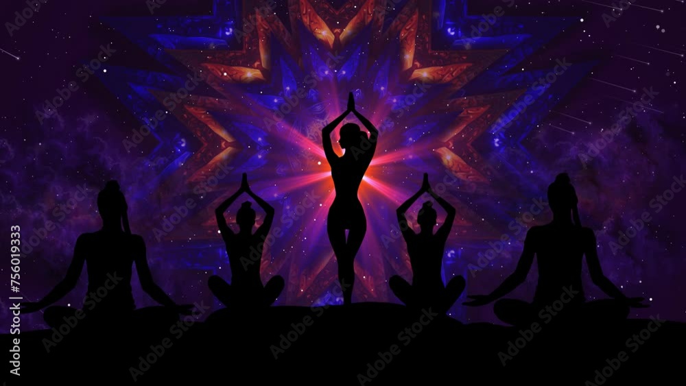 Silhouette Women's Practice Yoga Poses Top Of The Mountain With Mandala ...