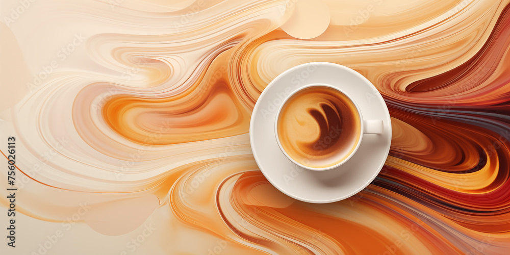 Abstract 3D coffee background, a cup of coffee against a background of ...