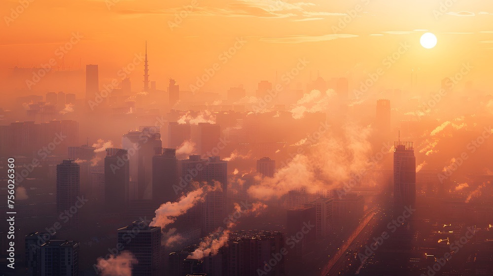 Air pollution. Smog and fine dust of pm2.5 covered city in the morning ...