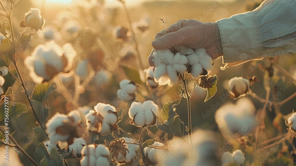 Farmer hand picking white boll of cotton. Cotton farm. Field of cotton ...