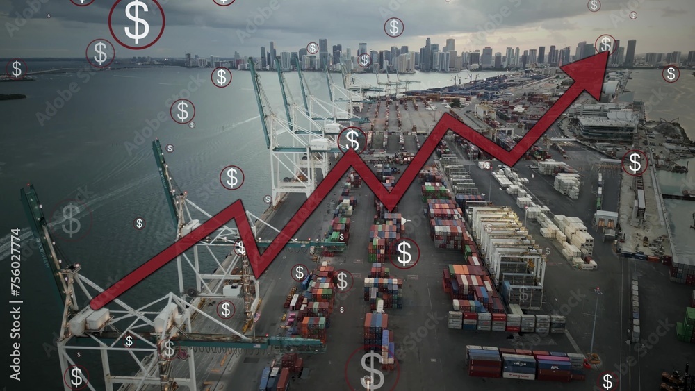 Rising red arrow graph with dollar signs in front of container ...