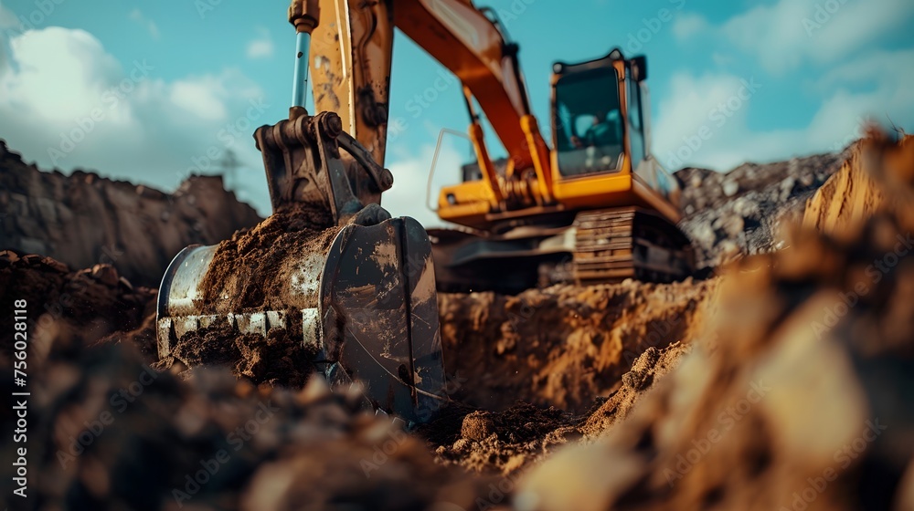 Closeup bucket of backhoe digging the soil at construction site ...