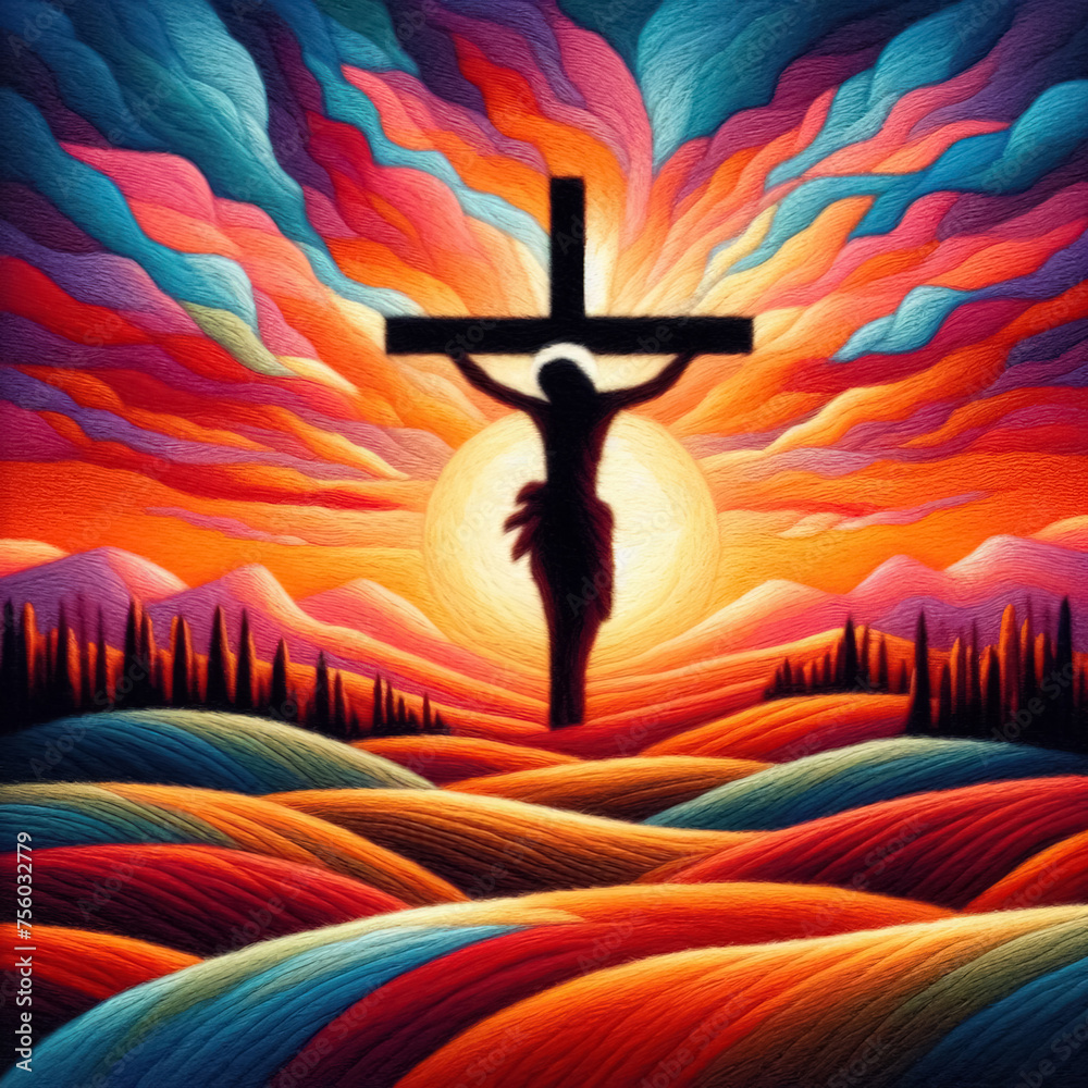 Felt art patchwork, Cross of Jesus Christ on sunset sky background ...