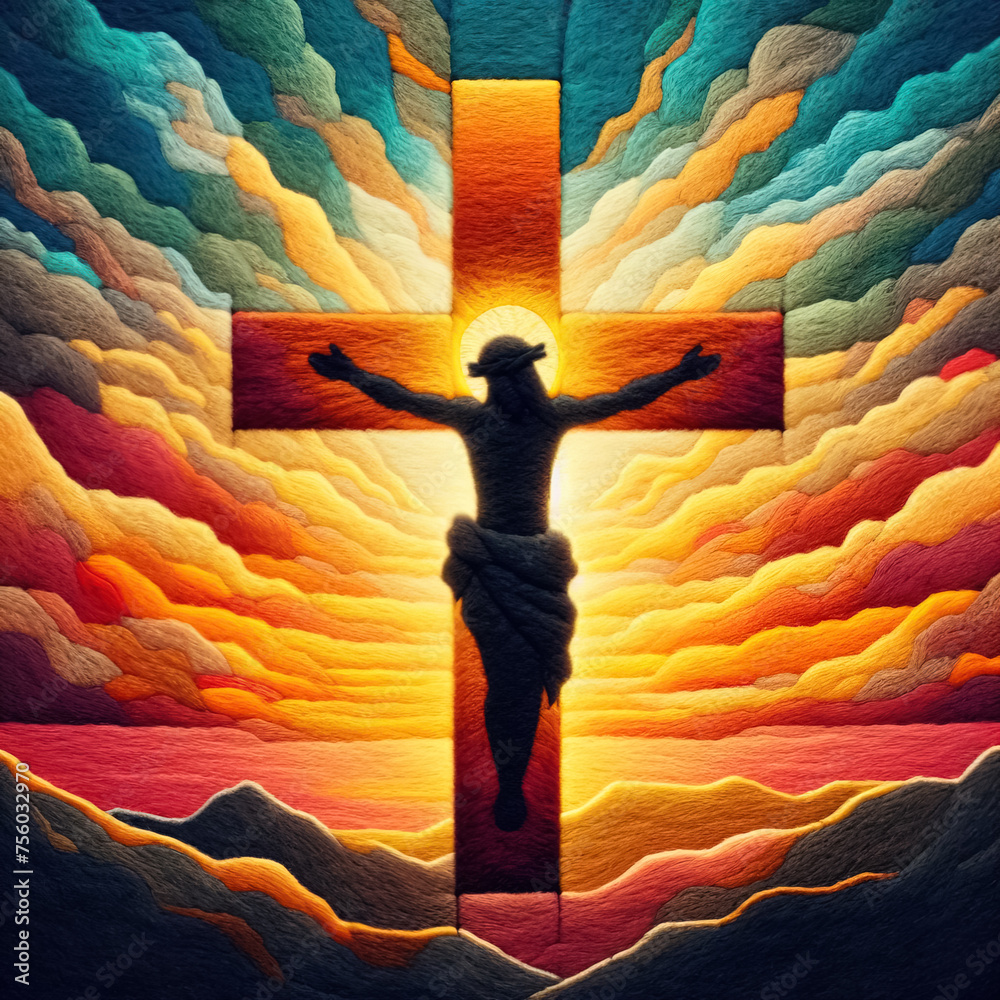 Felt art patchwork, Cross of Jesus Christ on sunset sky background ...