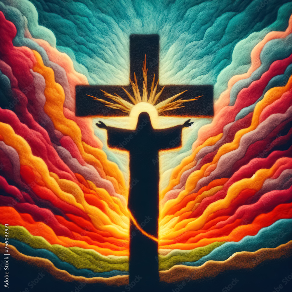 Felt art patchwork, Cross of Jesus Christ on sunset sky background ...