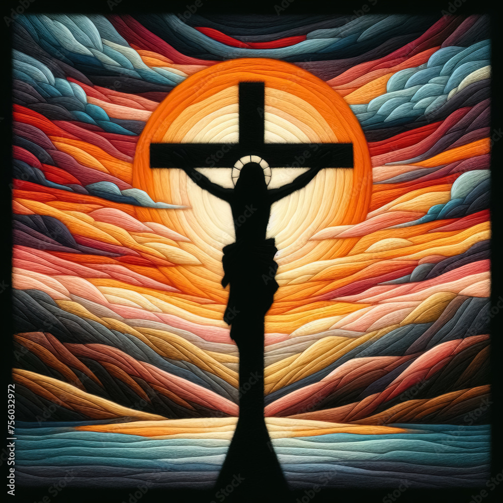 Felt art patchwork, Cross of Jesus Christ on sunset sky background ...
