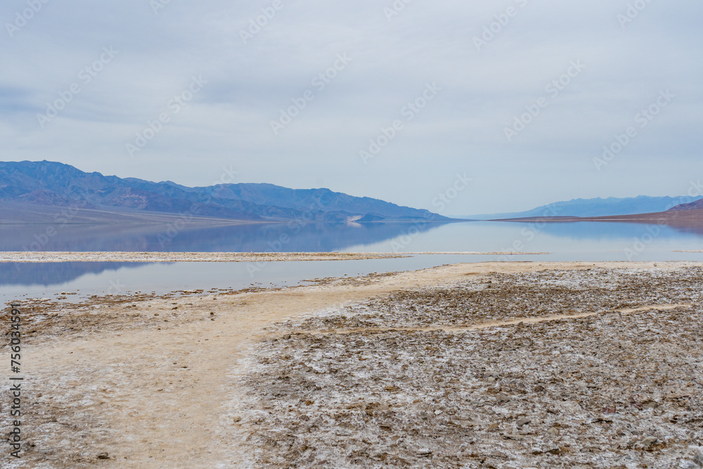 Lake Manly, the pluvial lake in Death Valley National Park at, Badwater ...