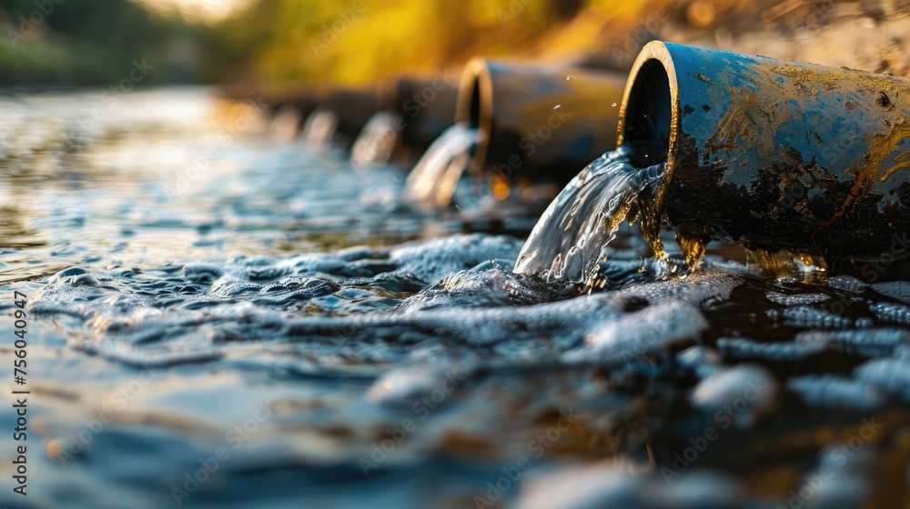 dirty water pollution. Industrial and factory wastewater discharge pipe ...