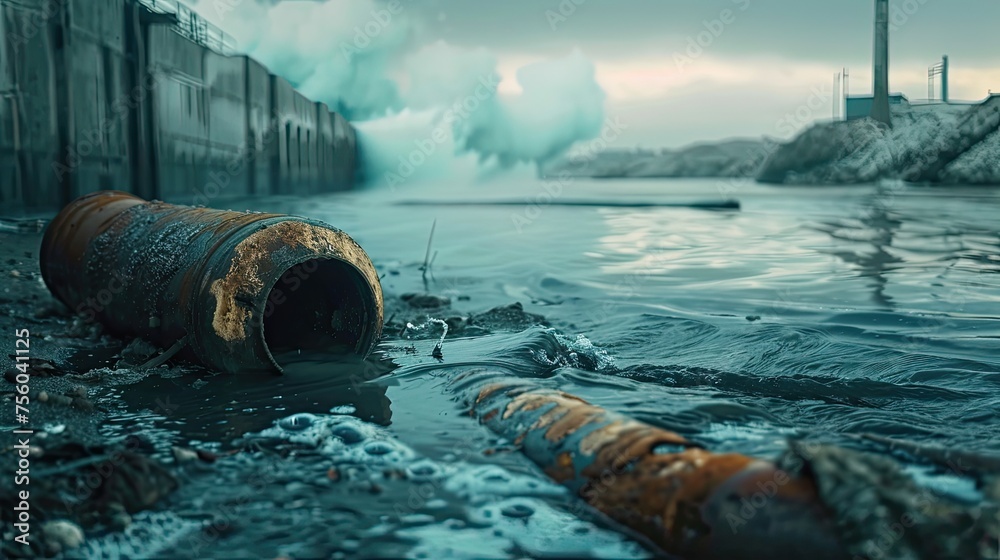 dirty water pollution. Industrial and factory wastewater discharge pipe ...