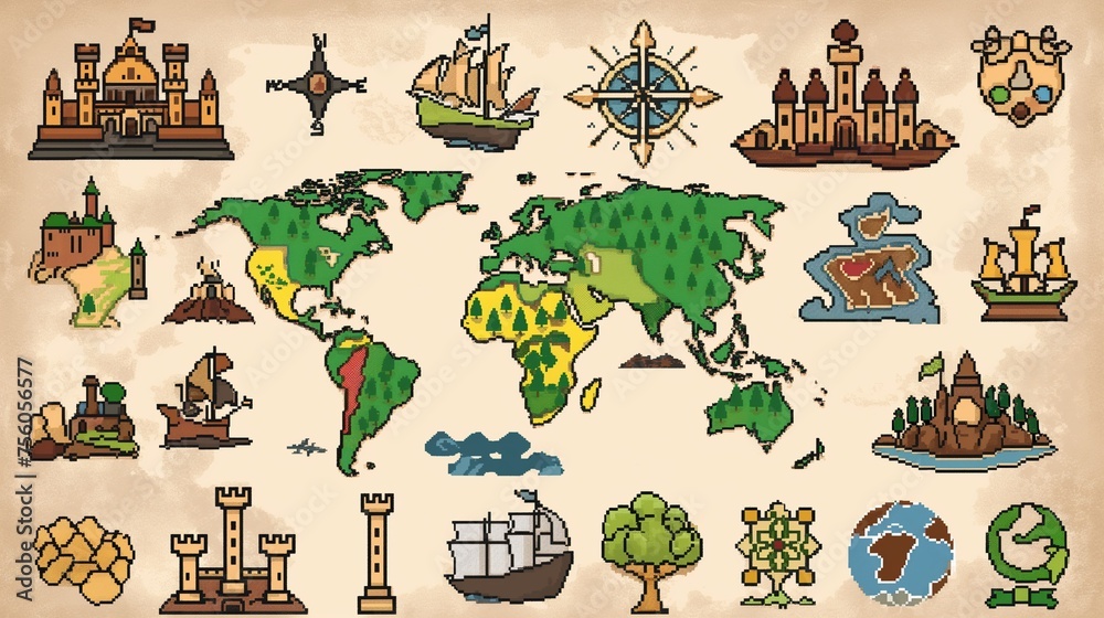 simple pixel art game map of the world with icons ( retro style ) Stock ...