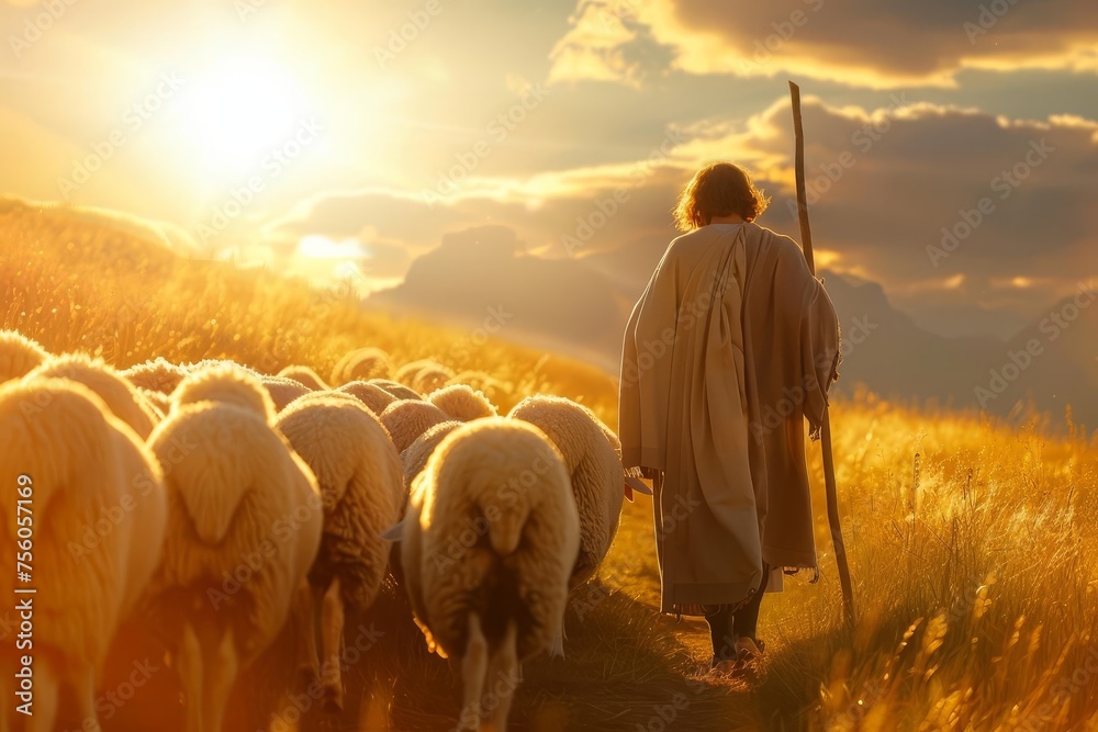 Jesus christ as a shepherd leading sheep in a field Under bright ...