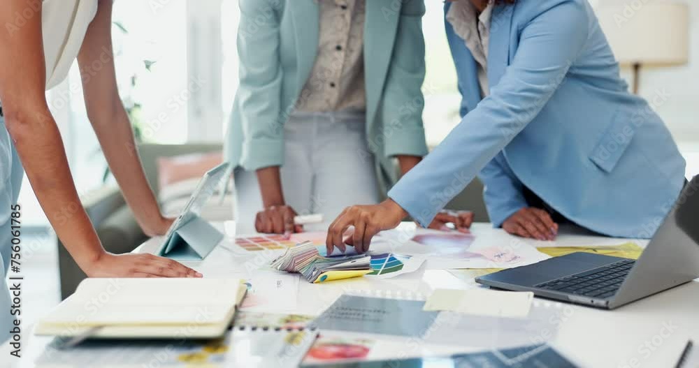 Meeting, teamwork and business women with palette, color and ideas for ...