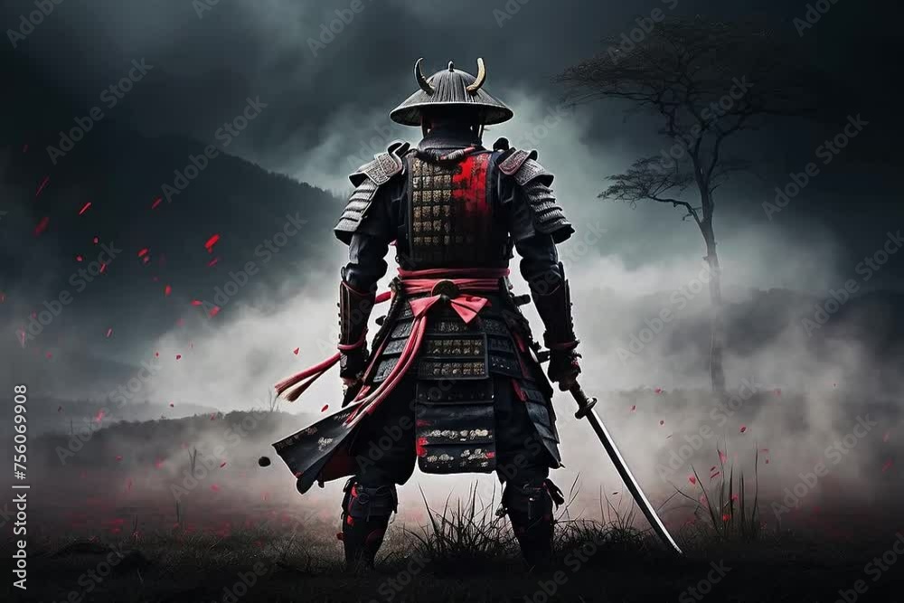 Samurai Warrior in a field, dark background, cloudy weather,.Ronin ...