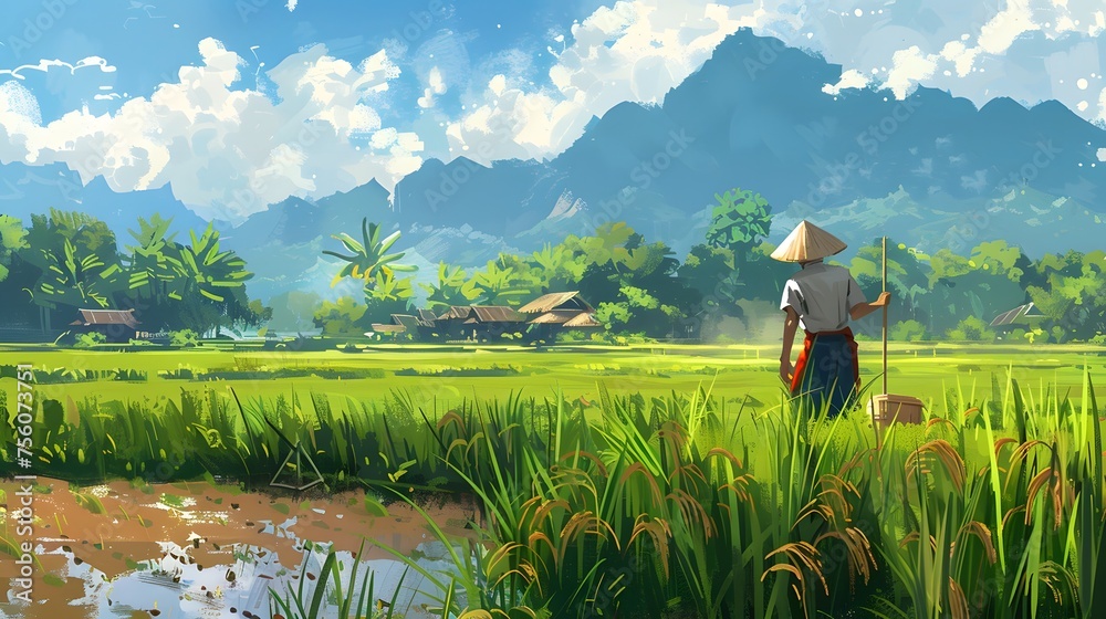 Asian chinese farmer workers working at rice farm fields and harvesting ...