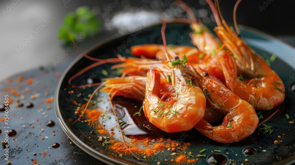 plate of delicious shrimp on the dining table of a high-end restaurant ...