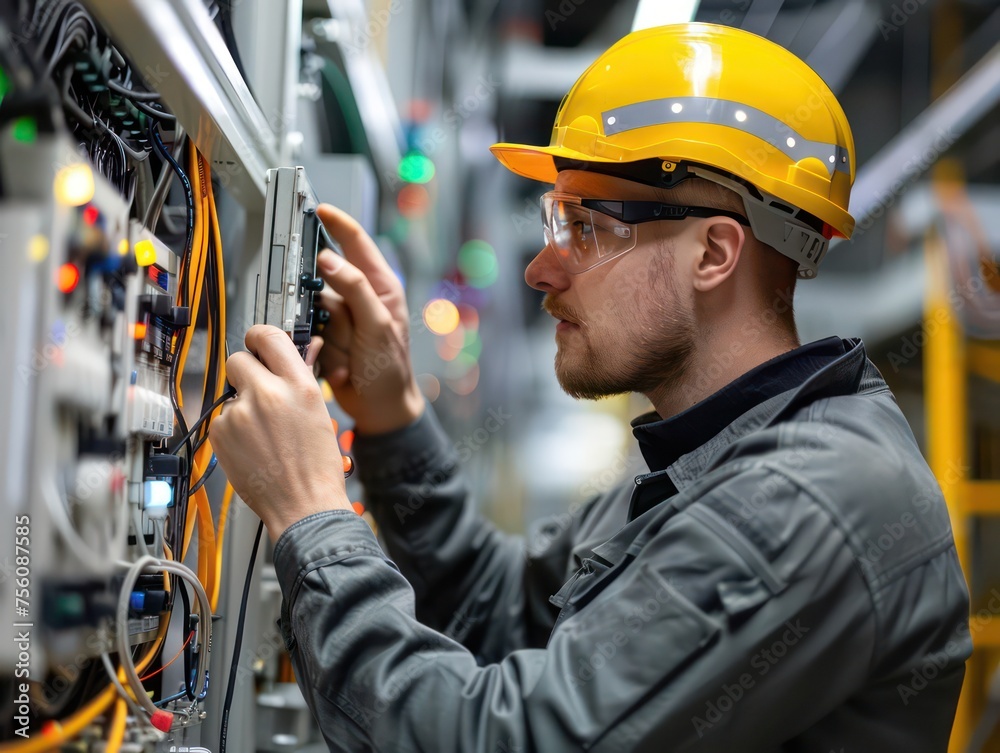 electrician using a current measuring device in an assembly hall with ...
