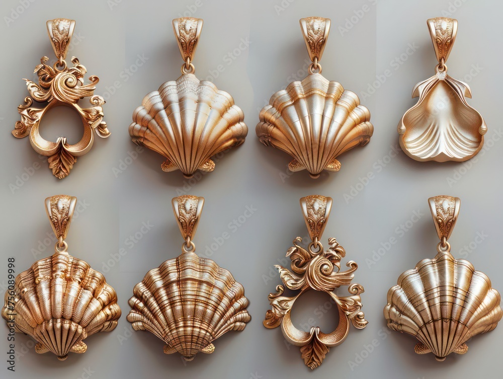 gold sea clam pendant, multiple angles, digital concept art, multiple ...