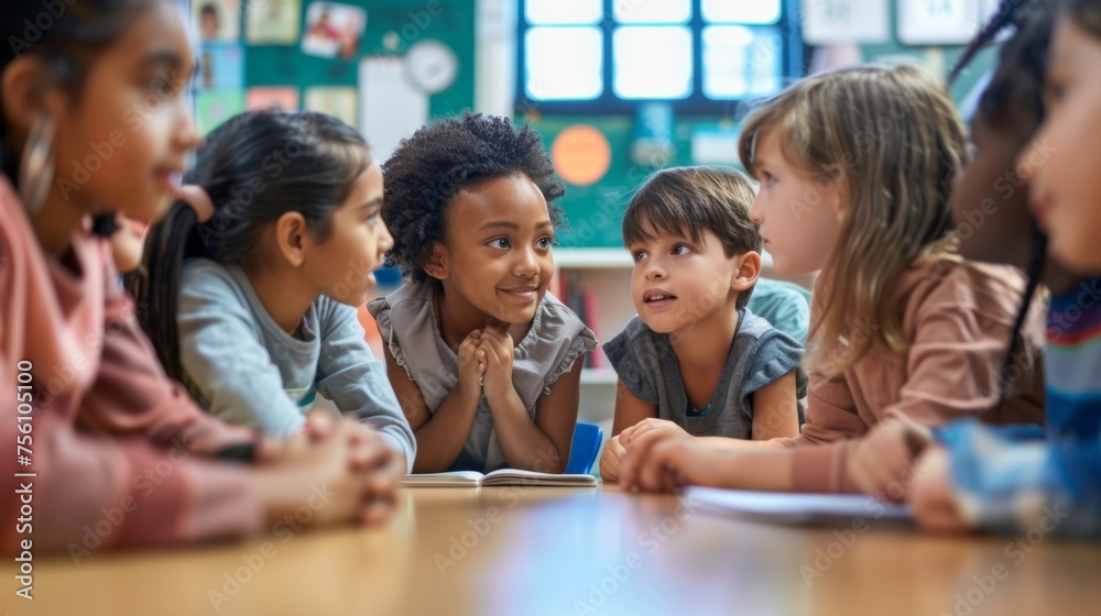 A group of children sit around a table with their teacher discussing ...