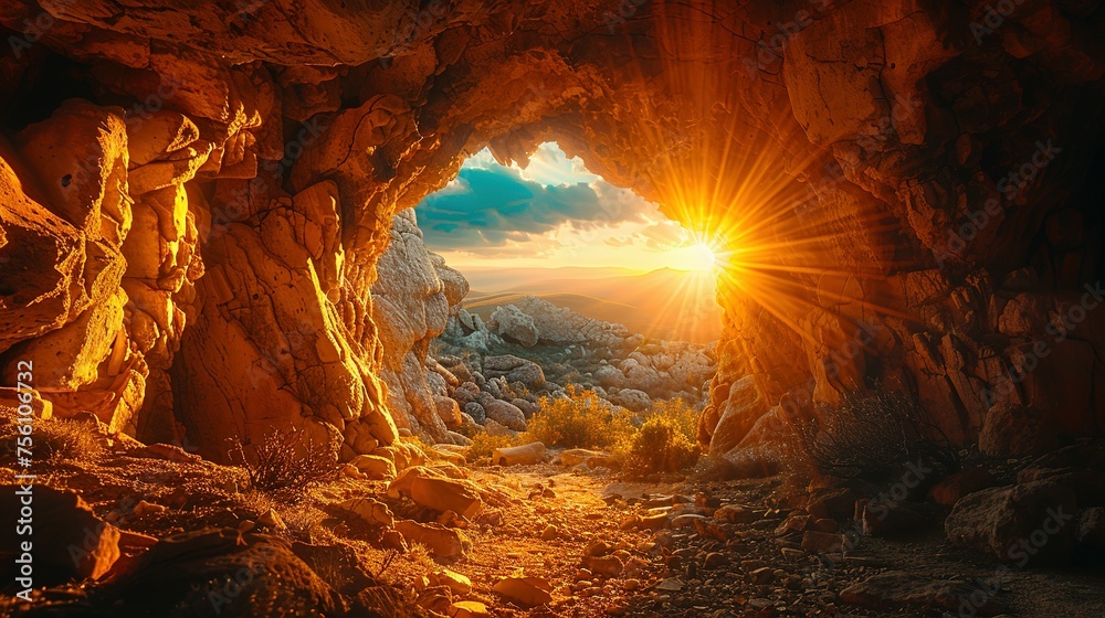 Empty tomb with stone rocky cave and light rays bursting from within ...
